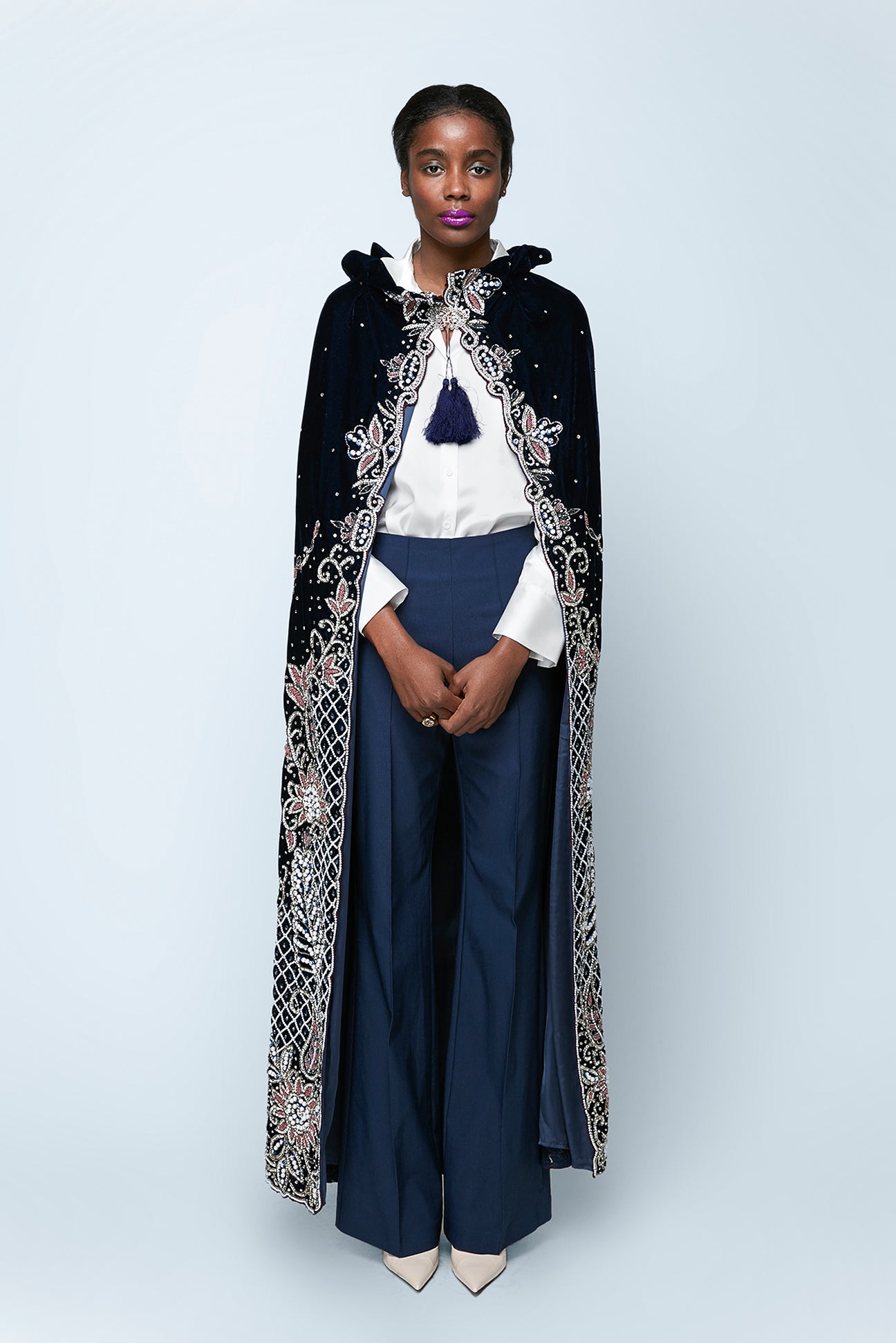 Embroidered Royal Blue Velvet Cape – ALBANA New York